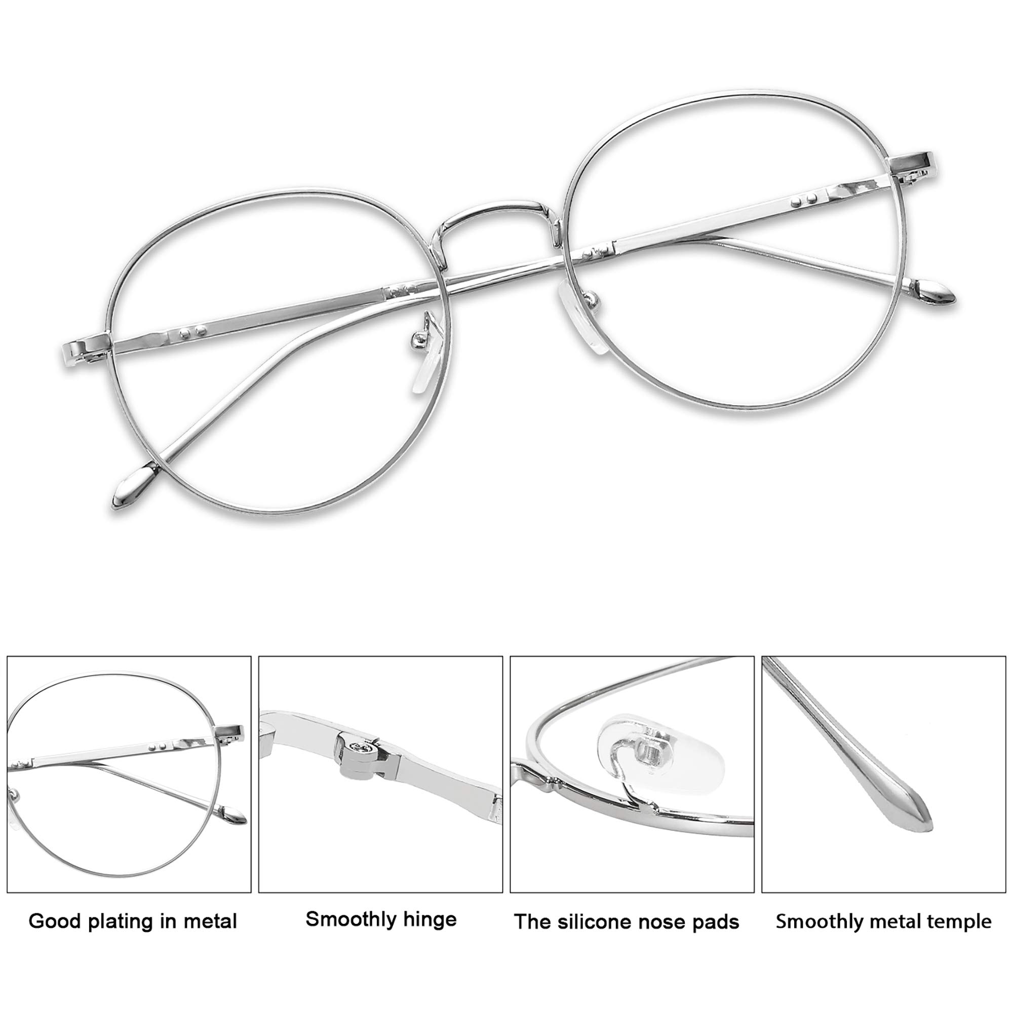 SOJOS Retro Round Anti Blue Ray Light Blocking Computer Game Glasses Eyeglasses GLORY SJ5039 with Silver Frame/Anti-Blue Light Lens