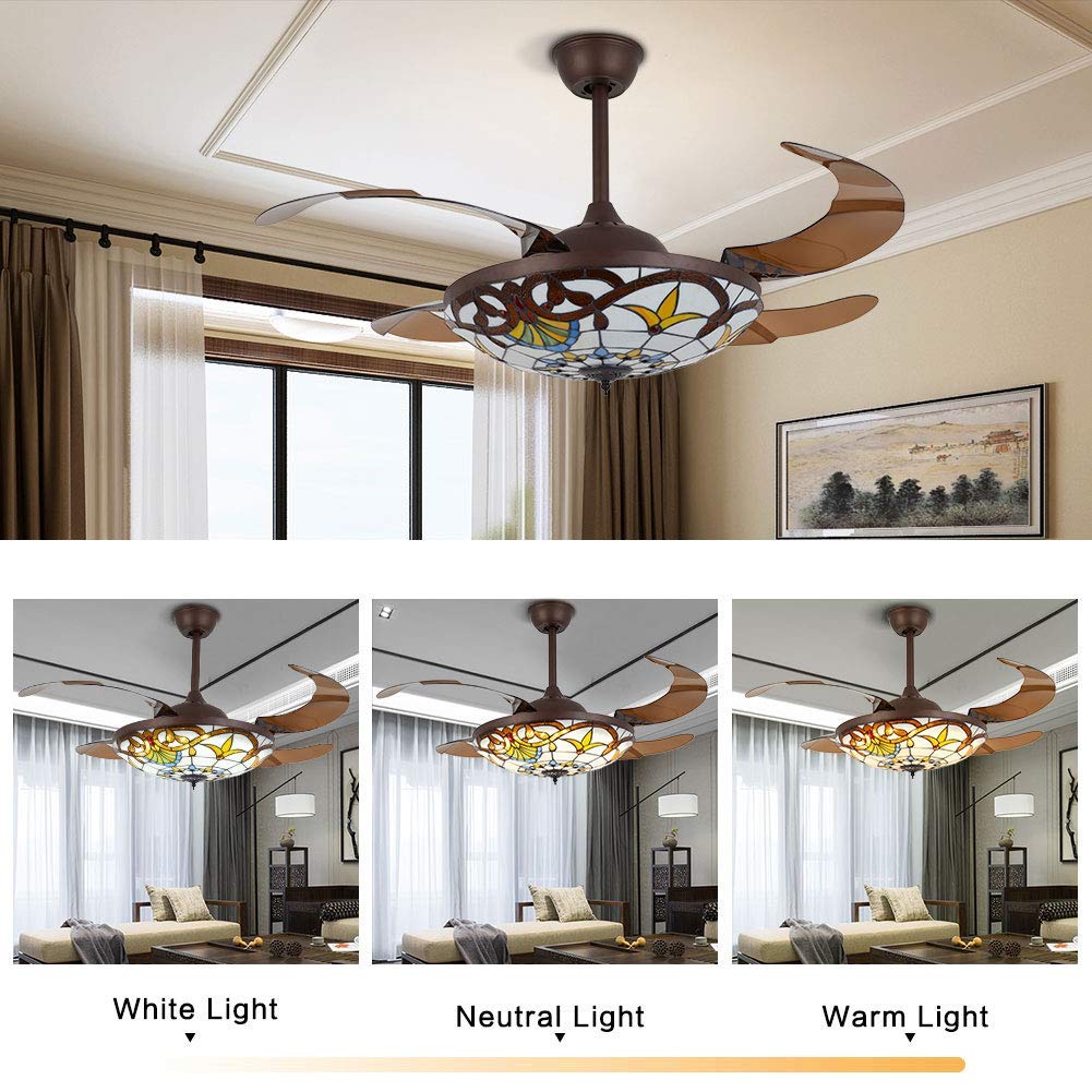 TFCFL 42 Inch Tiffany Style Invisible Ceiling Fan with Lights and Remote Control,Retractable Blades 3 Speeds 3 Light Changes Fandelier Chandelier Fan,Quiet Motor,Indoor Ceiling Lighting Fixture