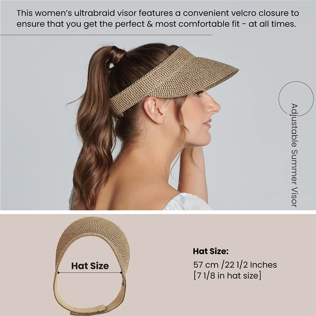 San Diego Hat Company Signature Women's Ultrabraid Large 3.5” Brim Visor with Ribbon Binding & Sweatband, Sun Hats for Women, Mixed Brown, One size