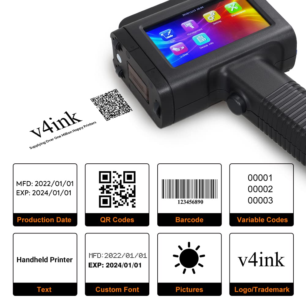 v4ink Portable Printer with HD LED Touch Screen use for QR-Code Barcode UPC Production Date Logo Batch Number