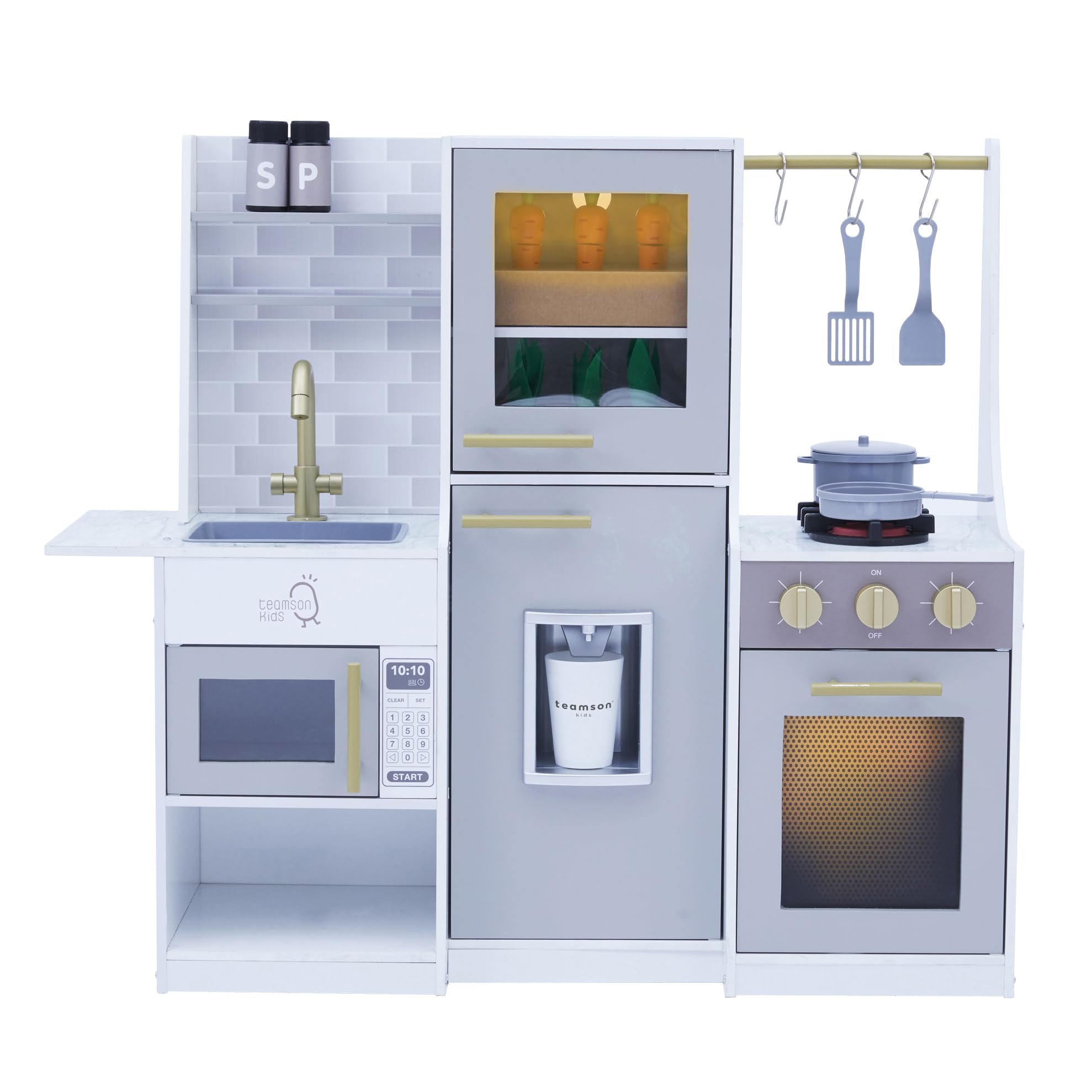 Teamson Kids Little Chef Lyon Modern Interactive Wooden Play Kitchen with Refrigerator, Sink, Oven, Microwave, Hydroponic Garden and Storage Space for Easy Clean Up, Gray with Brass Accents