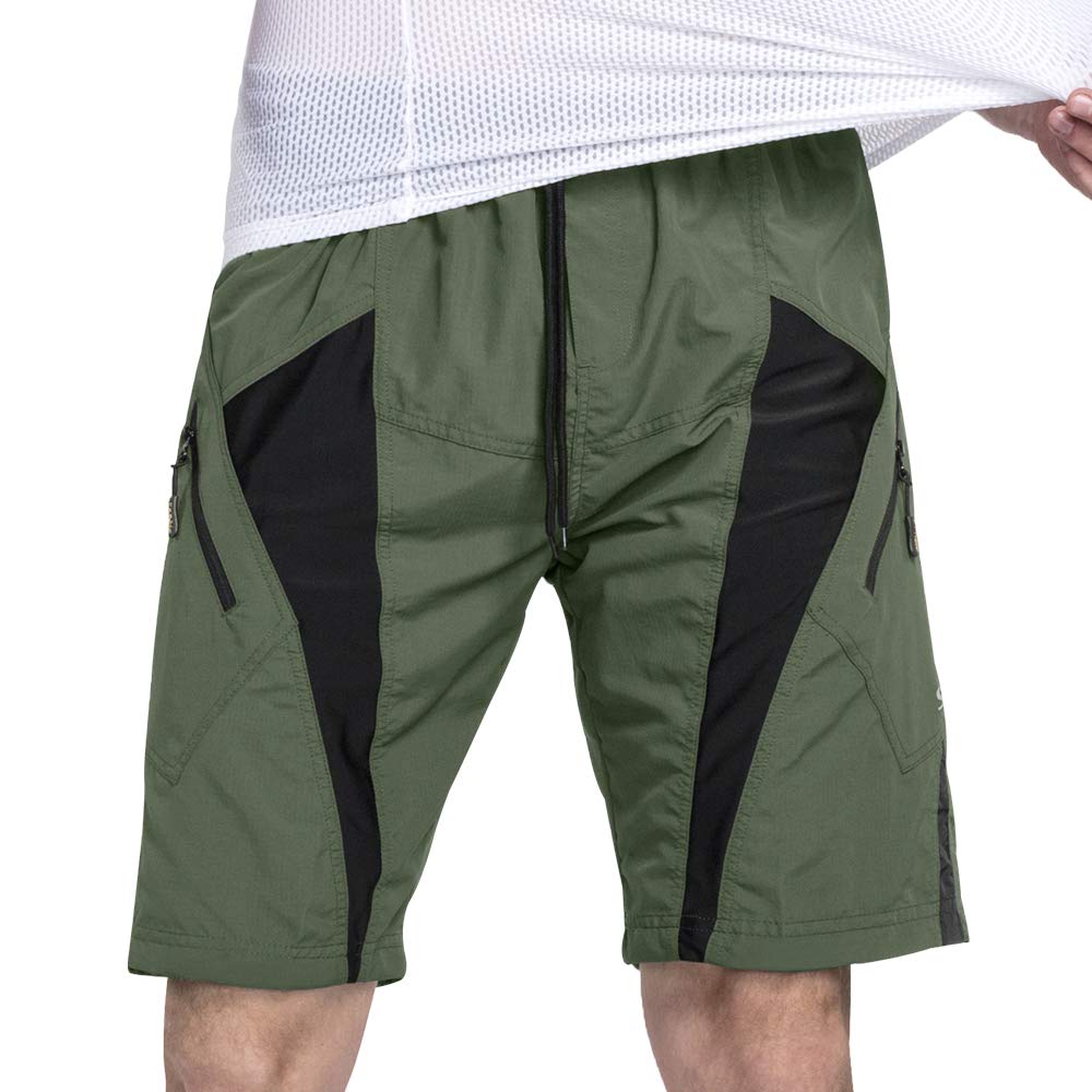 Santic Men's Bike Shorts Padded Bicycle Cycling MTB Shorts Loose-Fit 4D Padding Olive Green