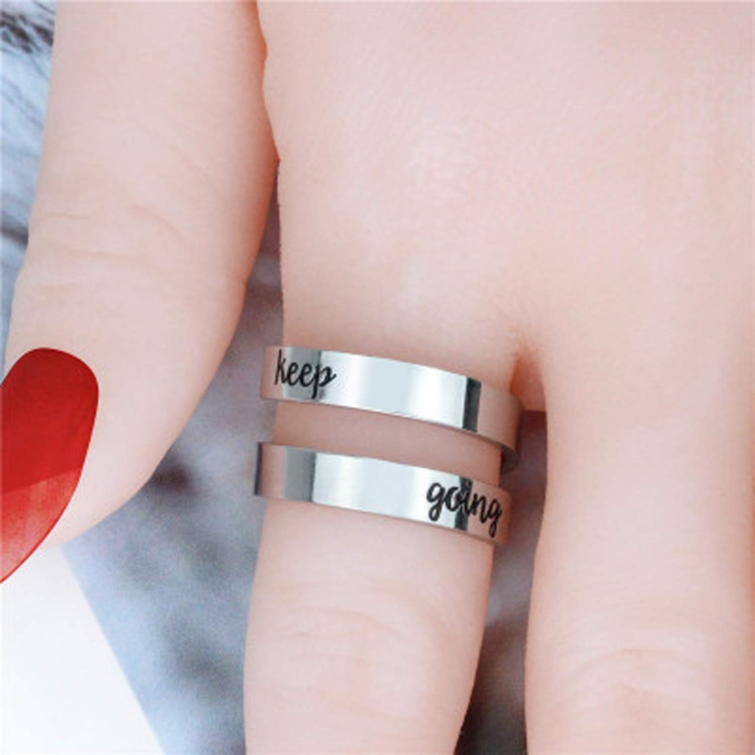 XOYOYZU Inspirational Rings for Women Adjustable Statement Stainless Steel Spiral Wrap Twist Ring Encouragement Personalized Jewelry Birthday Gifts (Keep Going)