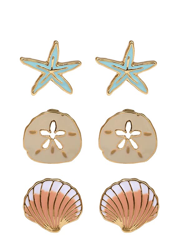 Rosemarie Collections Women's Beach Stud Earrings Set of 3 Starfish Sand Dollar Shell (Enamel Colors)