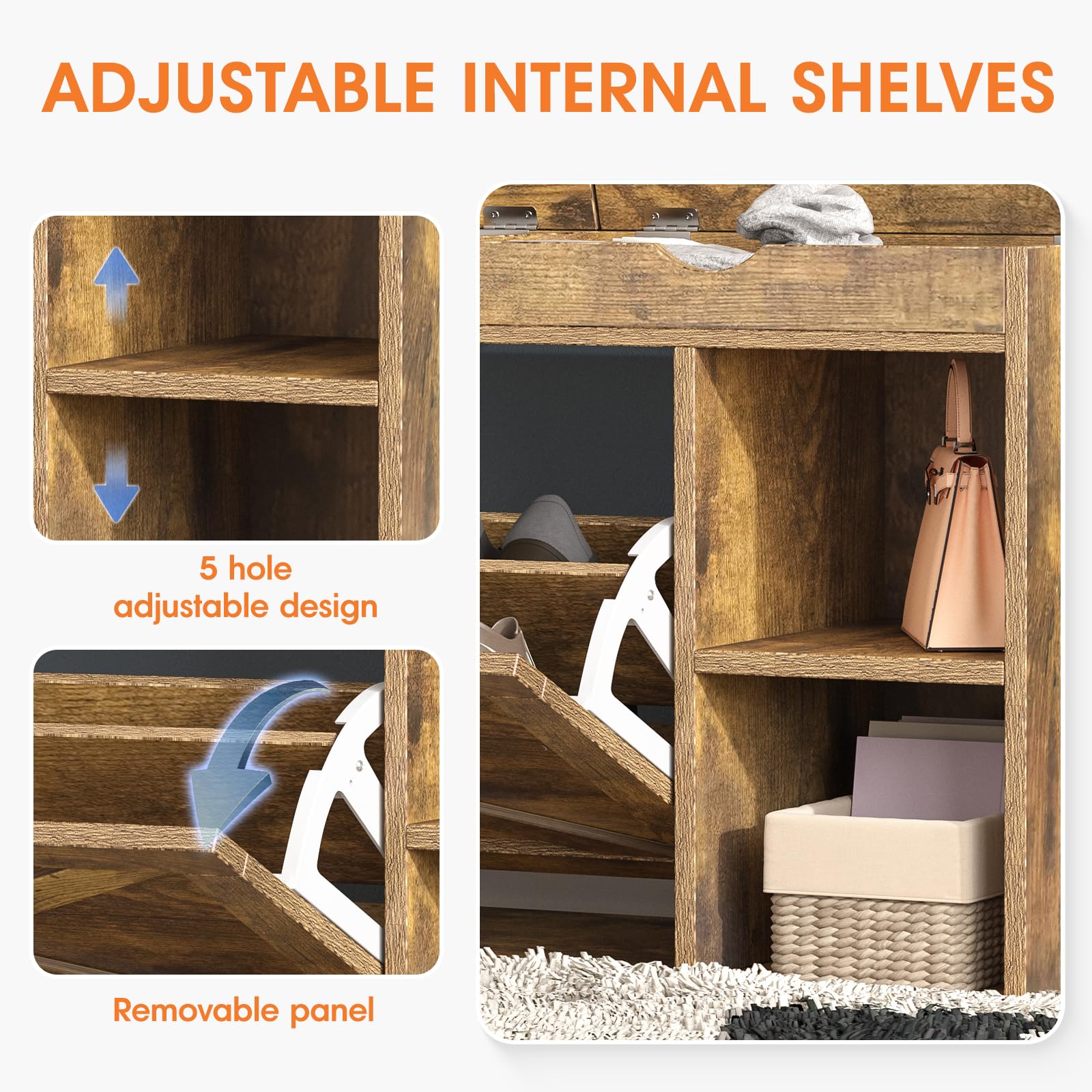 Vabches Shoe Storage Bench with Flip Drawer, Entryway Bench with 2 Lift Top Storage Boxes, Adjustable Shelf, Narrow Shoe Rack Shoe Cabinet for Entryway Slim, Living Room, Bedroom, Mudroom,Rustic Brown
