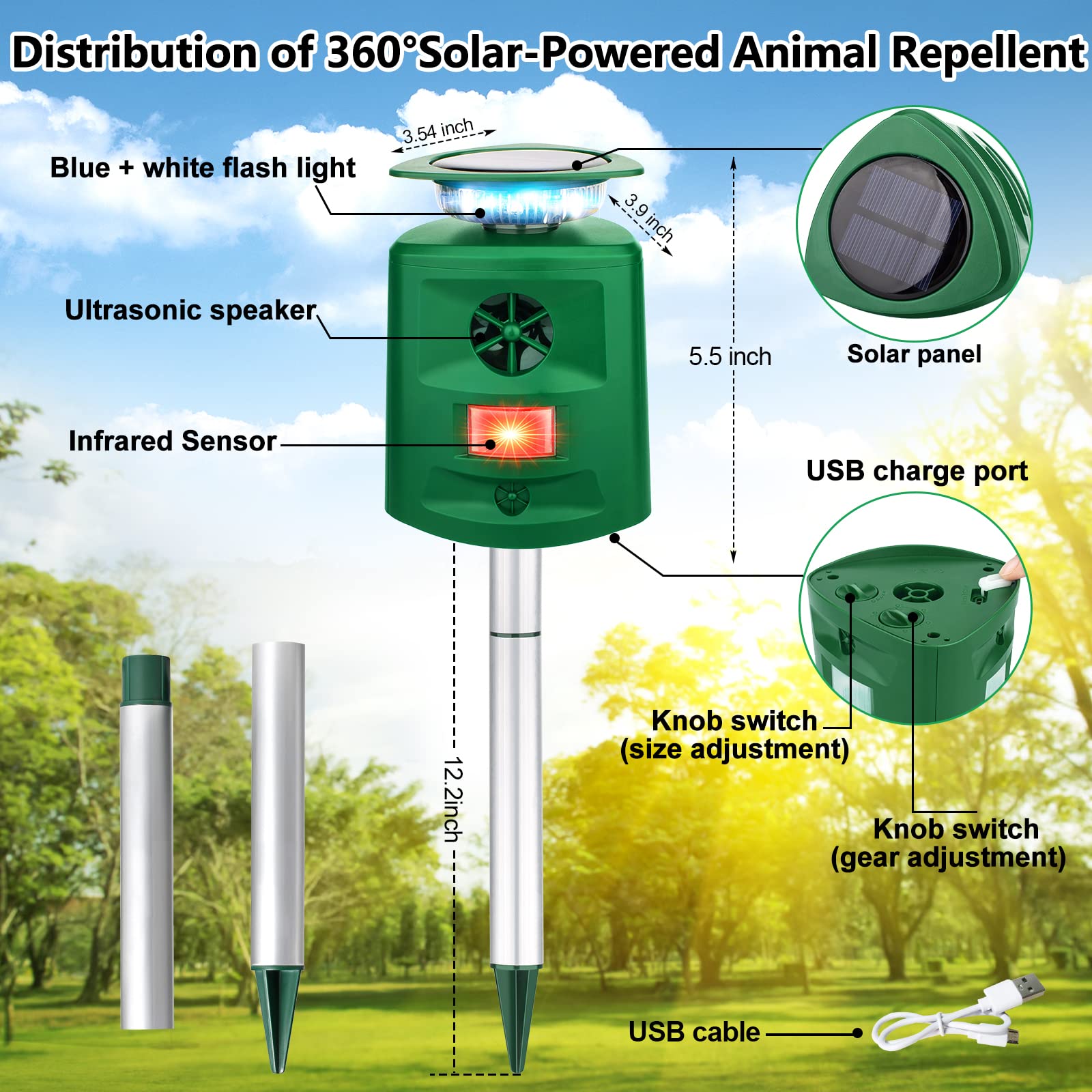 Solar Animal Repeller, 360°Ultrasonic Animal Repeller, Cat Repellent Outdoor,Dog Repellent, Motion Sensor & Flashing Light, Repel Dogs,Deer, Fox, Raccoon, Skunk, Rabbit, Squirrels.Coyote Deterrent