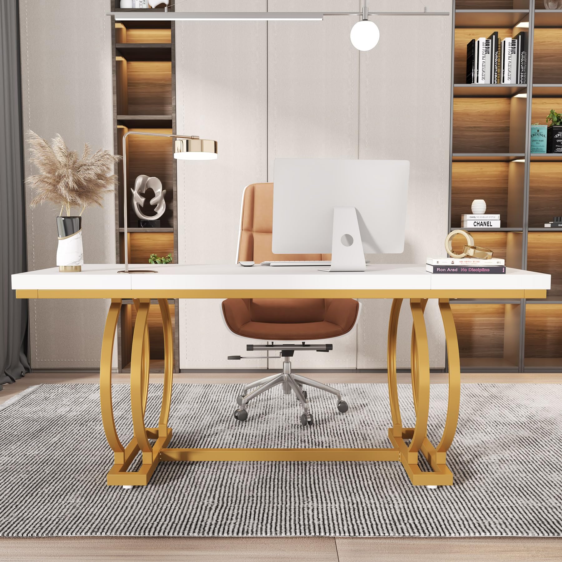 Tribesigns 70.9" Executive Desk, Large Modern Office Desk Computer Desk with Gold Metal Frame, Conference Table Meeting Room Table for Home Office, White and Gold