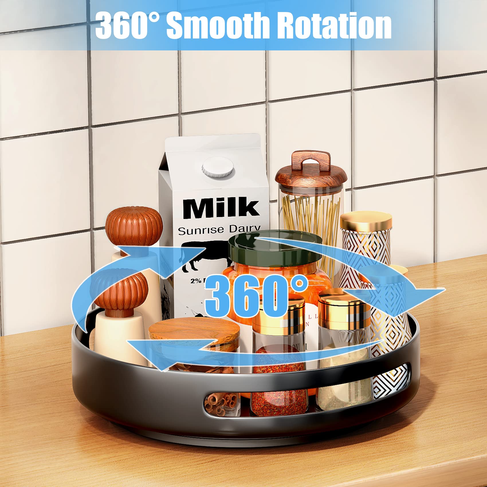 Spice Rack 2 Tier Lazy Susan Turntable, Height Adjustable Metal Rotating Organizer for Cabinet Pantry Kitchen Countertop Cupboard (10 inches-2 Tier Black 10'')
