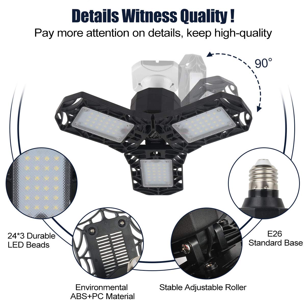Three Leaf Garage Light Deformable Led Garage Lights 40W 4000 lumens Plastic Triple Glow Led Garage Light E26 Tribright Led Adjustable Lighting Trilight Garage Light for Garage Basement(2 Pack)