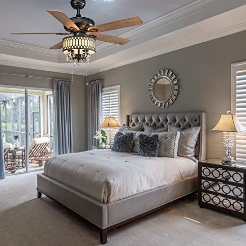 Tangkula 52" Crystal Ceiling Fan with Lights, Classical Crystal Ceiling Fan with Pull Chain Control, Elegant Modern Ceiling Fans with Chandeliers 5 Iron Reversible Blades, Mute Motor (Black)