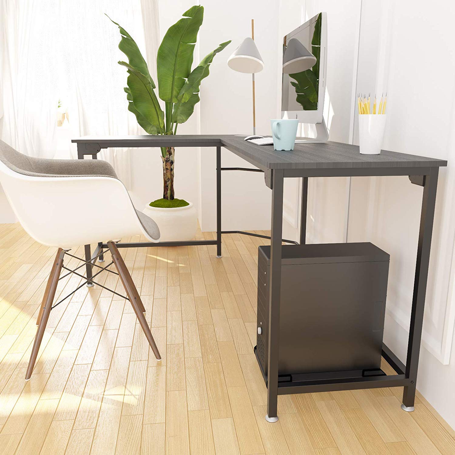 Weehom Small L Shaped Desk Corner Computer Gaming Desk for Home Office Study Workstation, Grey Oak