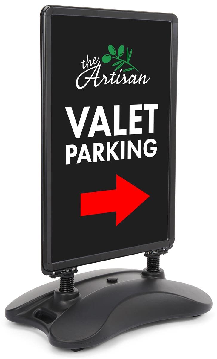Sidewalk Poster Stand with Water-fill Base Holds 24x36 Graphics, Double-sided Sandwich Board for Outdoor Use, Front-loading Snap-open Poster Frame, Black