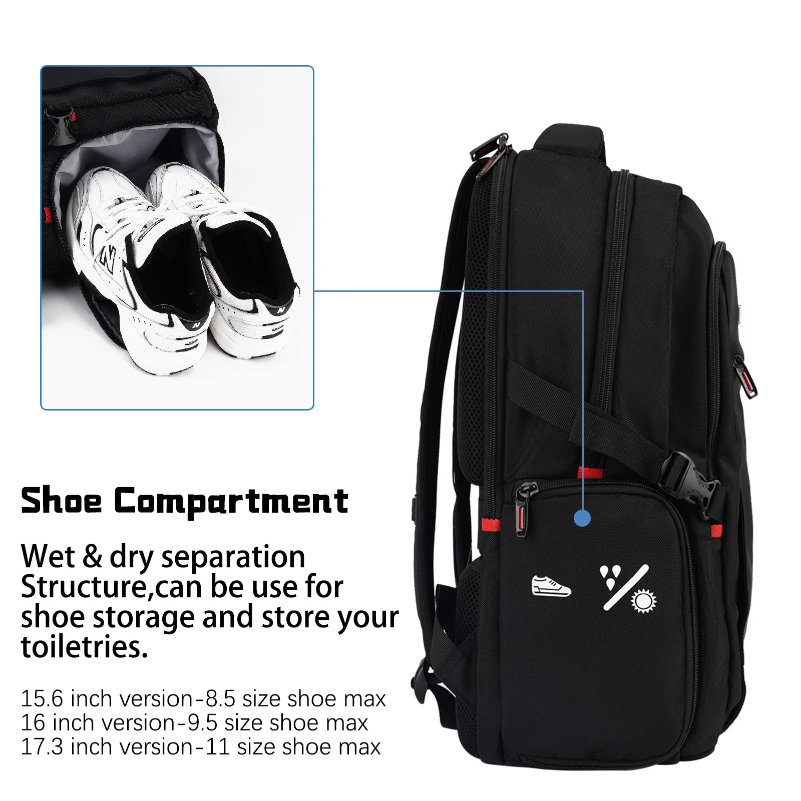 SWICKY 81669 Carry-on Water Repellent USB Port Luggage Strap Anti Theft Zip Airflow Back Panel Travel Work Laptop Backpack (Black with shoe compartment, 17.3 Inch)