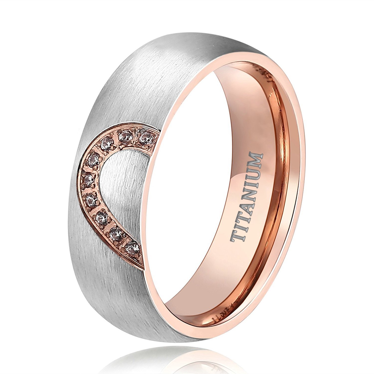 TIGRADE 6mm Titanium Wedding Bands Real Love Heart CZ Inlaid Couple Engagement Rings,Women's, Size 8