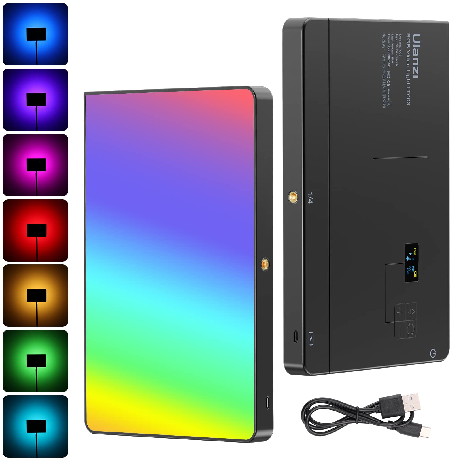 ULANZI LT003 RGB Video Light, 15W Portable LED Panel with 2100 Lumens, 10" Video Light Dimmable 2500K-9000K, Built-in 8000mAh Battery and USB Charger, CRI>95 for DSLR Camera Video Photography