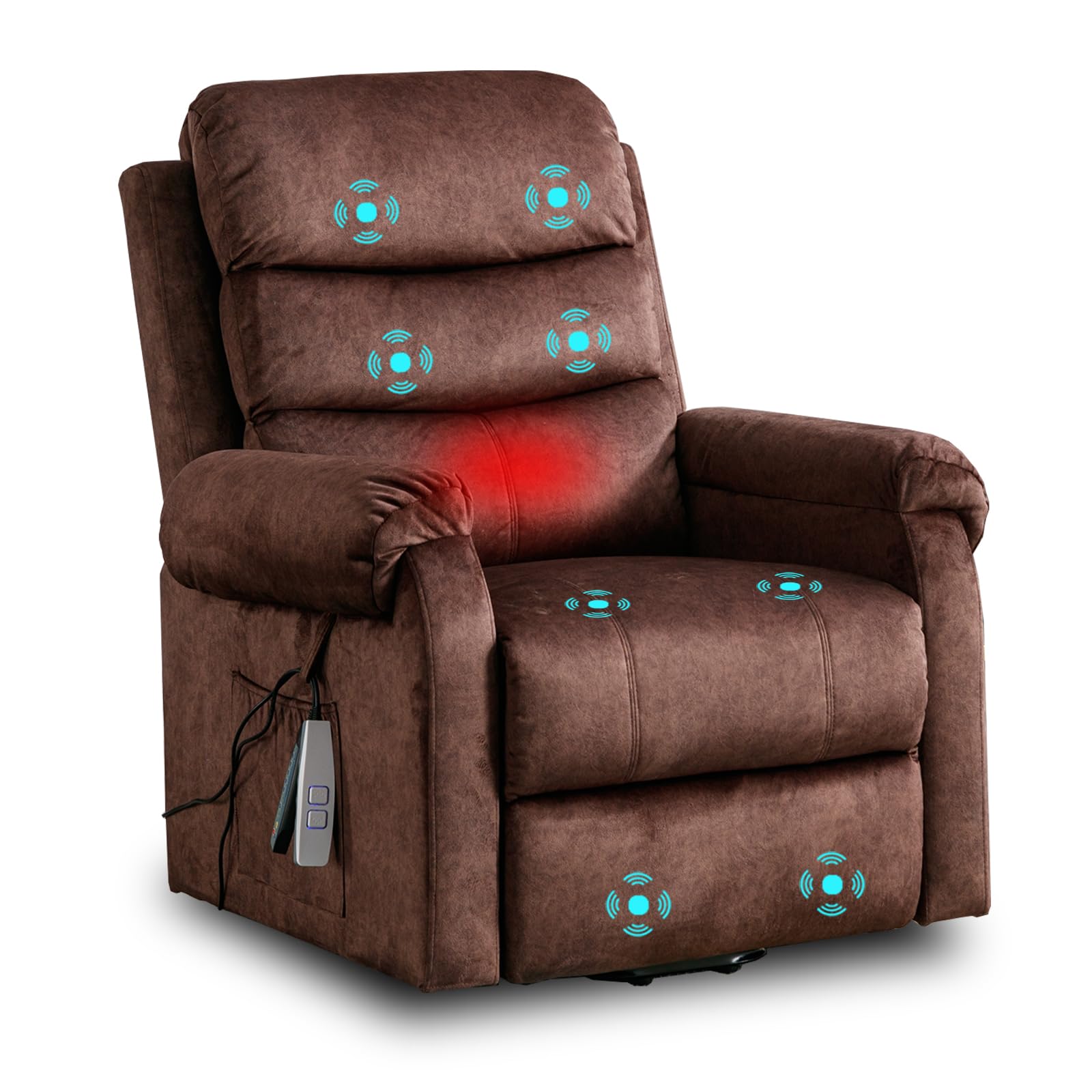 URRED Electric Lift Chairs Recliners for Elderly, Power Recliner Chair with Heat and Massage for Adult, Velvet Fabric Massage Recliner Sofa Chair with Lumbar Pillow, Side Pockets, USB Ports (Brown)