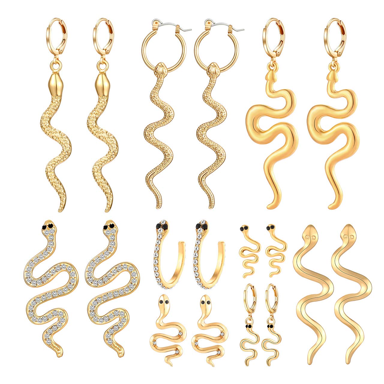 ZITULRY 9 Pairs Snake Earrings Charm Huggie Hoop Earrings Set Punk Rhinestone Serpent Drop Dangle Stud Earrings Minimalist Crystal Long Snake Earrings for Women Girls Jewelry Gift,Gold