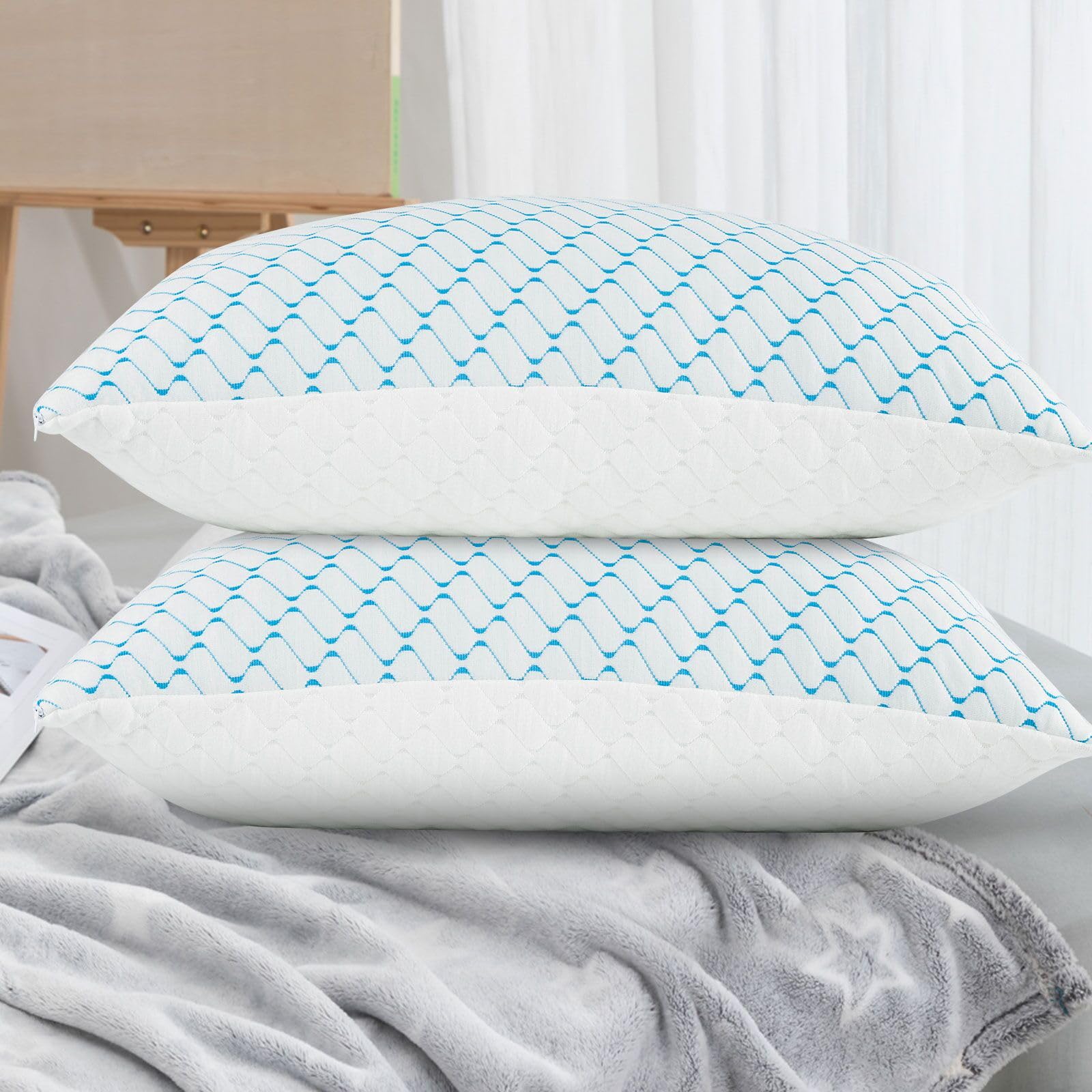 VAINOC Memory Foam Pillows Queen Size Set of 2, Adjustable Cooling Pillow for Side Back Stomach Sleepers with Washable Removable Cover