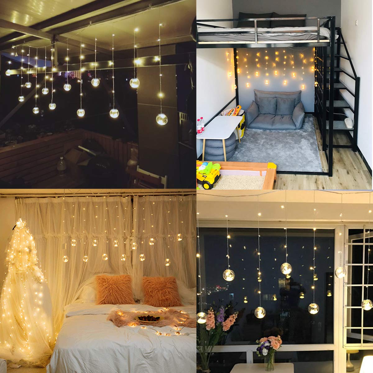 SUPERNIGHT LED Curtain Lights with Crystal Ball, Globe Window Twinkle Fairy String Light Waterproof for Patio,Lawn,Garden,Wedding,DIY Christmas Tree Decoration (9.8 x 9.8 ft,8 Modes,Warm White)
