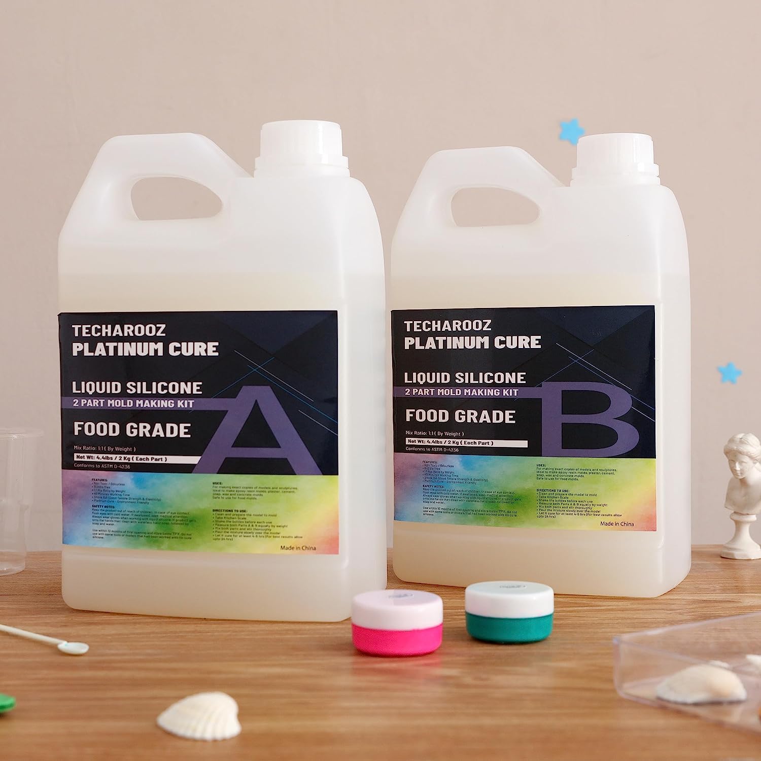 TECHAROOZ Liquid Silicone for Mold Making Kit 140 Oz/1 Gallon/8.8lb - Shore 20A Food Grade - DIY Mold Making Silicone Rubber for Casting Crafy Epoxy Resin, Soaps & Candles Molds (Clear, Aqua and Pink)