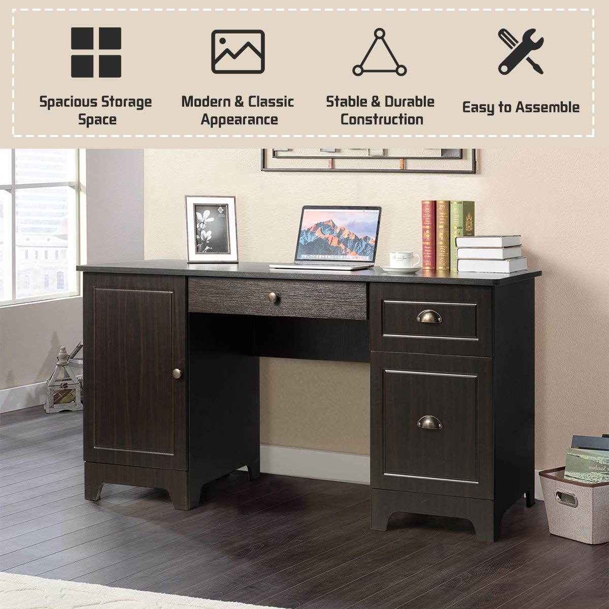 Tangkula Computer Desk with Drawers & Cabinet, Wooden Executive Desk Home Office Desk, Writing Study Desk Computer Workstation, PC Laptop Desk for Bedroom & Office (Brown)