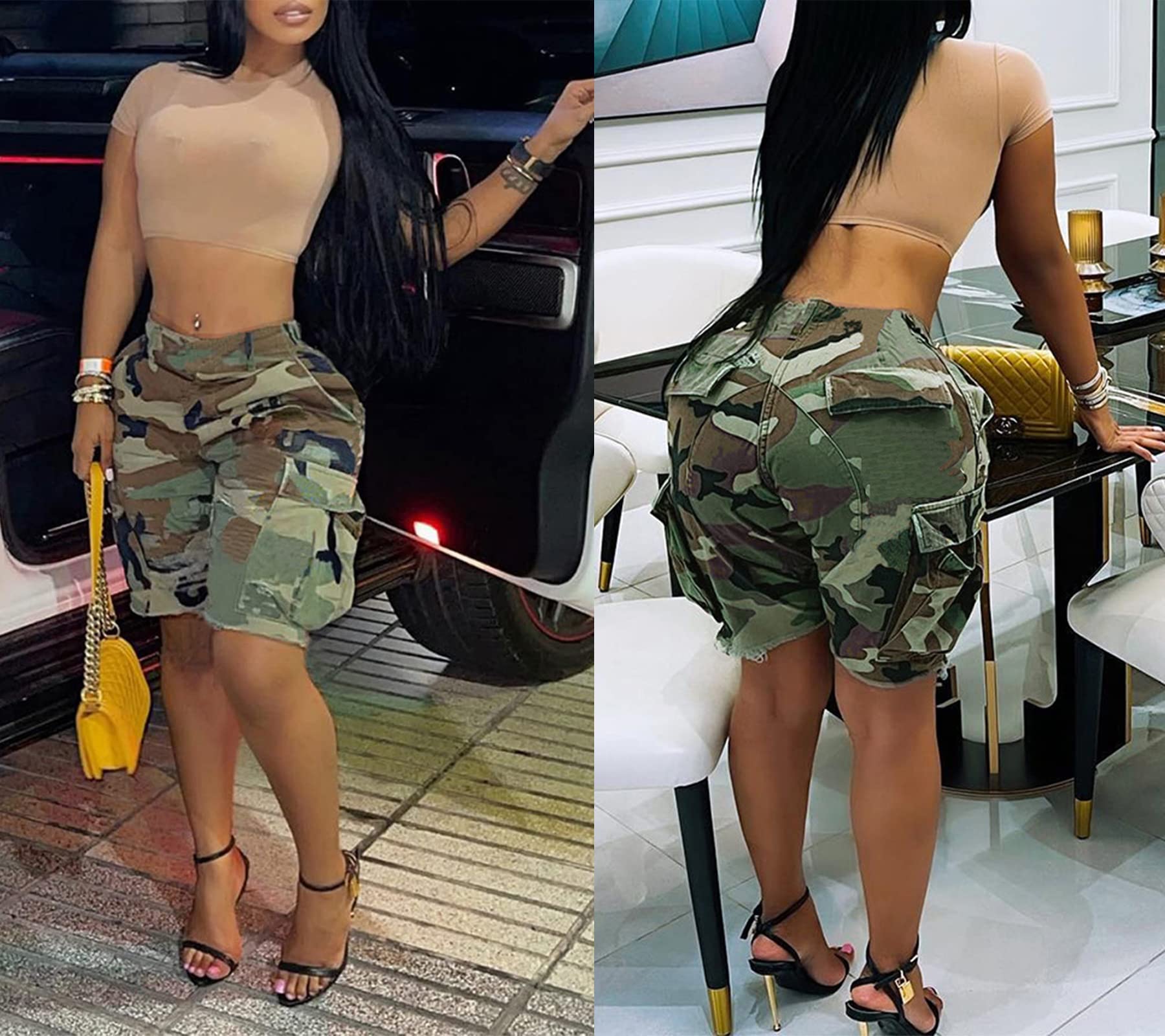 Vakkest Womens Camouflage Cargo Shorts Jogger Multi-Pocket Army Fatigue BF Plus Size Drawstring Cargo Short Pants