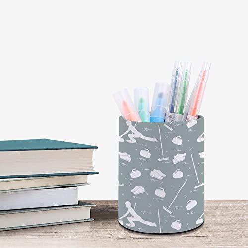 Winter Curling Sports Athlete Pen Holder PU Leather Pencil Cup Cute Desk Organizer Makeup Brush Box for Home Office