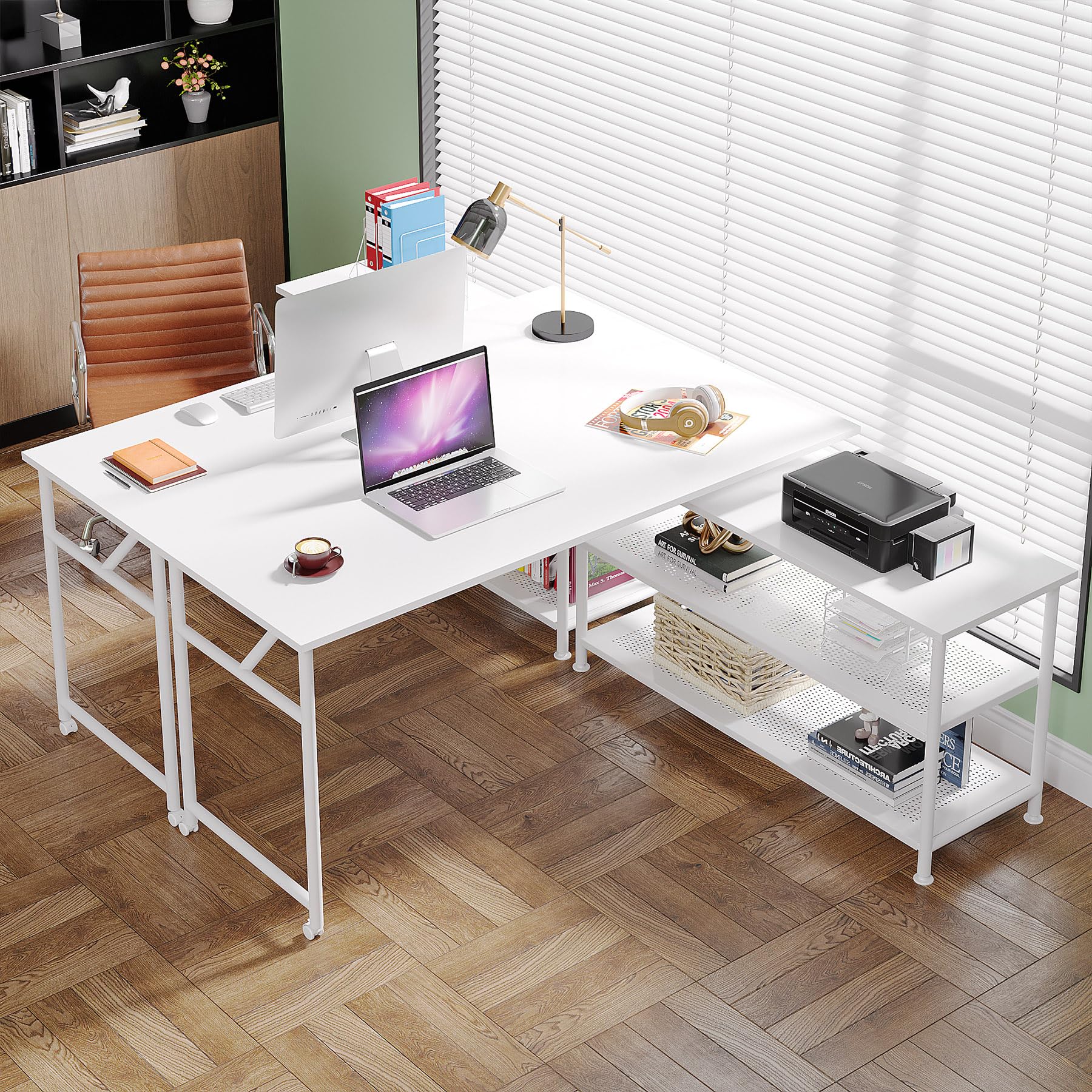 Tribesigns Modern L-Shaped Desk with Storage Shelves, 360°Rotating Desk Corner Computer Desk Study Writing Table Workstation with Open Shelves for Home Office, High Glossy Finish (Black)