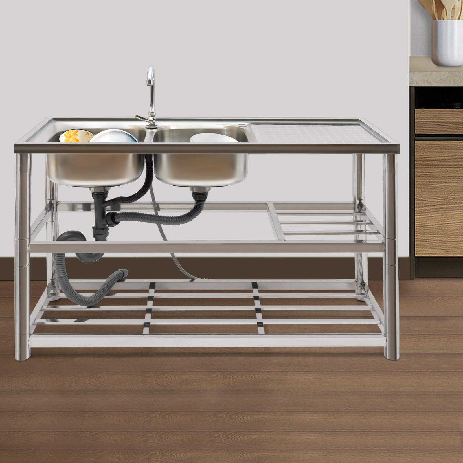 WINUS Free Standing Stainless-Steel Double Bowl Commercial Restaurant Kitchen Sink Set w/Faucet & Drainboard, Prep & Utility Washing Hand Basin w/Workbench & Double Storage Shelves Indoor Outdoor