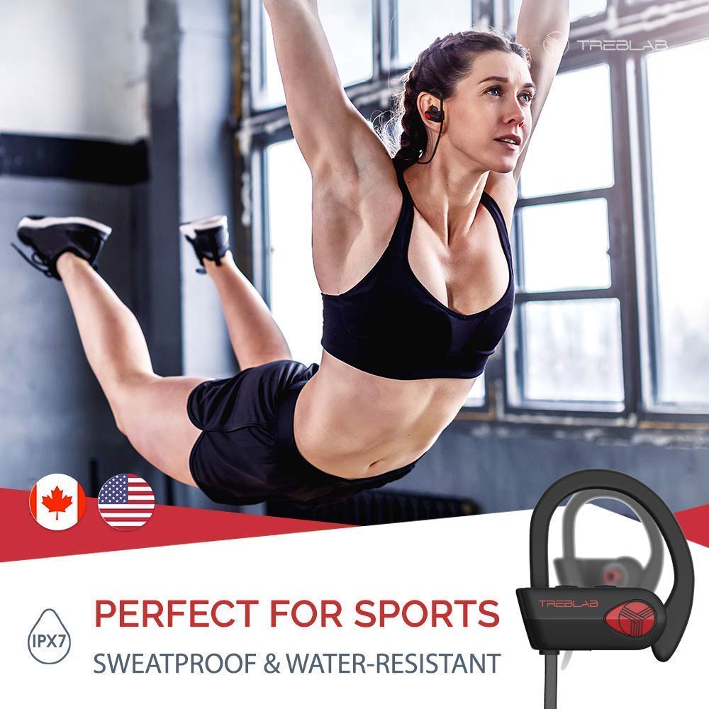 TREBLAB XR500 Bluetooth Headphones. 2018 Updated Version. IPX7 Waterproof, Sweatproof, Secure-Fit Headset. Noise Cancelling Earphones w/ Mic (Renewed)