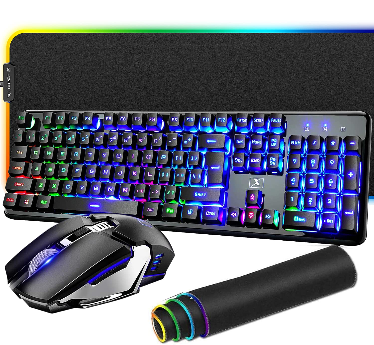 Wireless Keyboard and Mouse Mousepad, 3 in 1 Rainbow LED Backlit Rechargeable Mechanical Feelling Backlit Gaming Keyboard Mice Combo with 4800 mAh Battery, 10 Color RGB Mouse Pad for Laptop Pc Mac