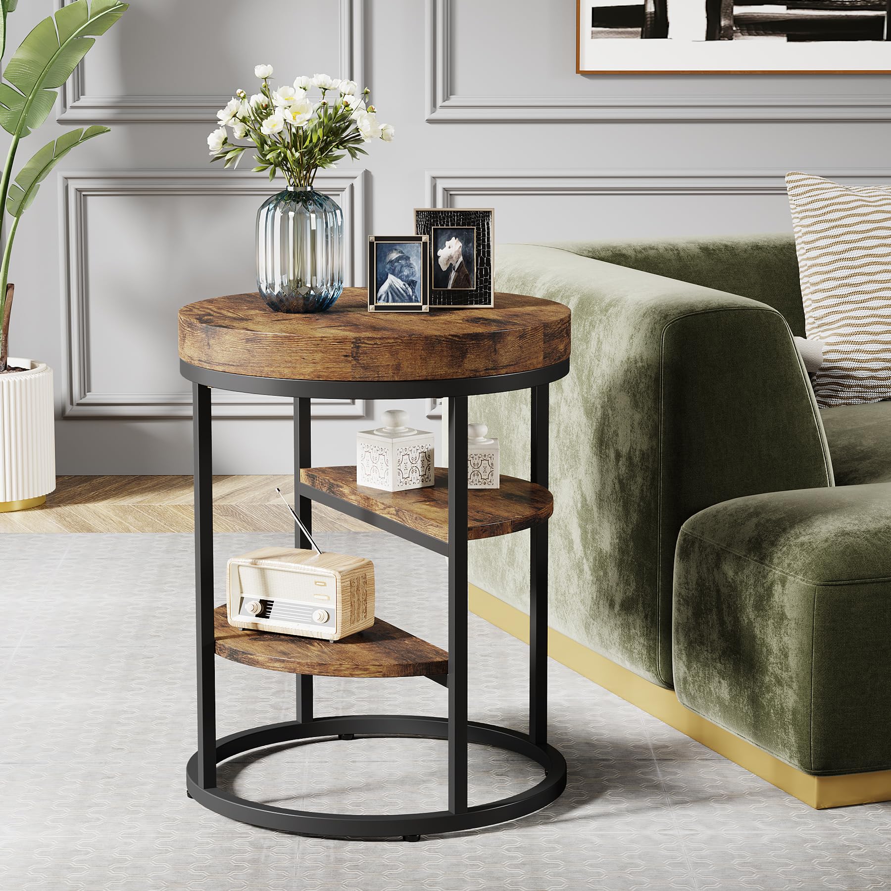 Tribesigns Round End Table, Small End Table with 3 Storage Shelves, Wood Side Table for Small Spaces, Industrial Sofa Side Table for Living Room, Rustic Brown Nightstand and Bedside Table for Bedroom