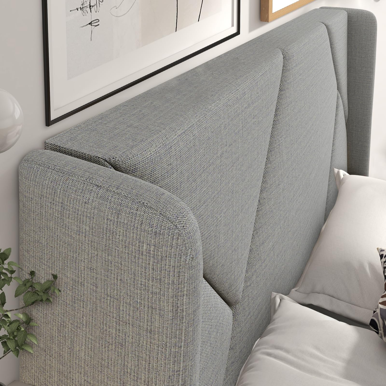 SWISH WEAVERS King Size Platform Bed Frame with Headboard, Upholstered Bed Frame with Wingback, No Box Spring Needed, Easy Assembly Solid Wooden Slats, Noise-Free, Light Gray