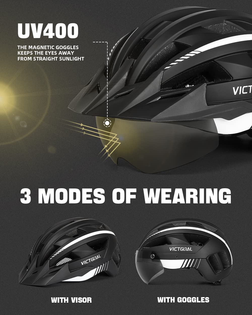 VICTGOAL Bike Helmet with USB Rechargeable Rear Light Detachable Magnetic Goggles Removable Sun Visor Mountain & Road Bicycle Helmets for Men Women Adult Cycling Helmets (L: 57-61 cm, Black White)