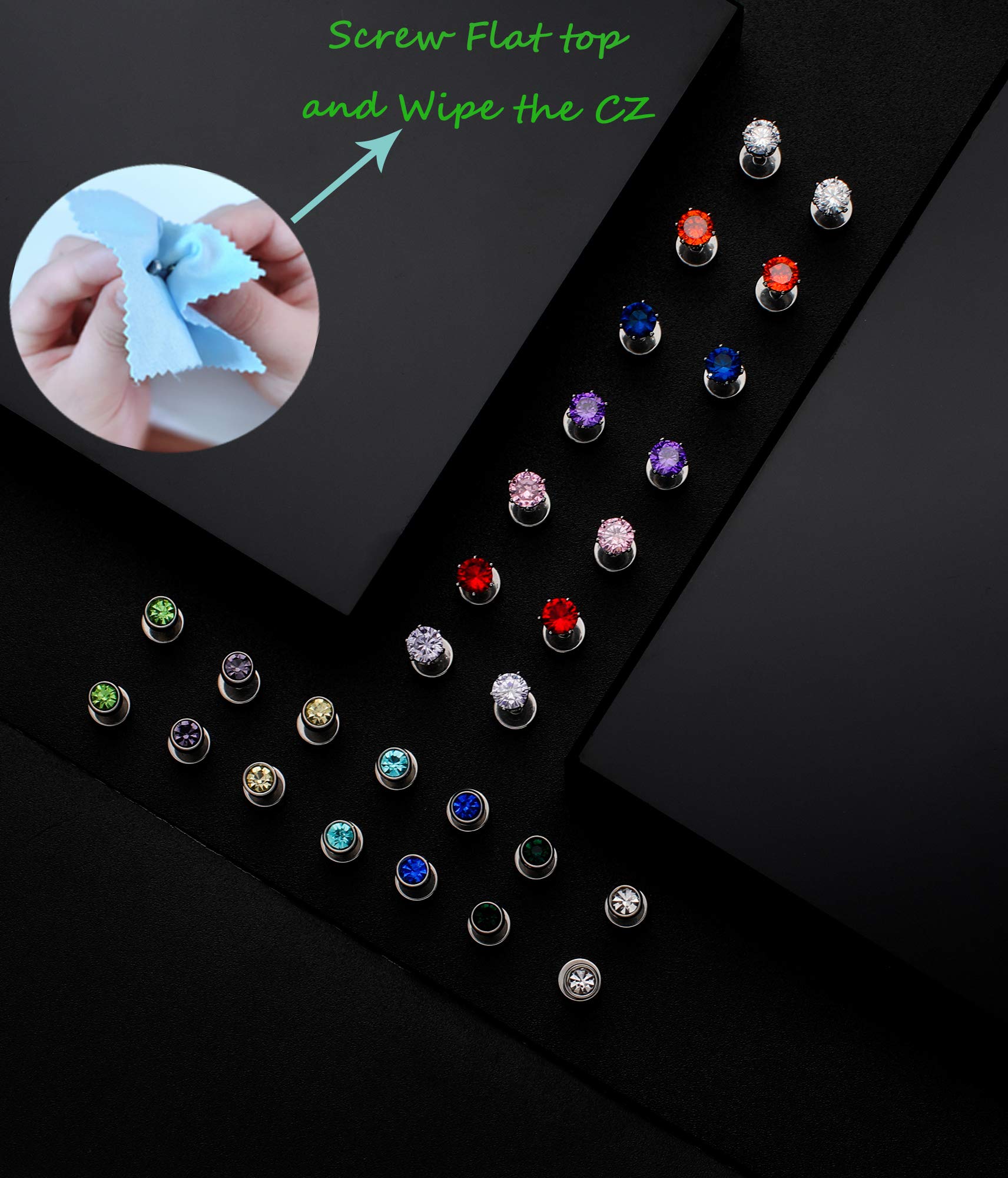 Tornito 14 Pairs Stainless Steel CZ Stud Earrings for Women Multicolor Cubic Zirconia Cartilage Helix Earrings Set Screwback 4MM