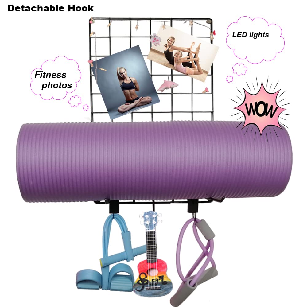 Yoga Mat Holder Wall Mount Yoga Mat Rack Foam Rollers Holder, Adjustment Spacing Exercise Equipmen with 3 Hooks for Hanging Yoga Strap Resistance Bands Ropes