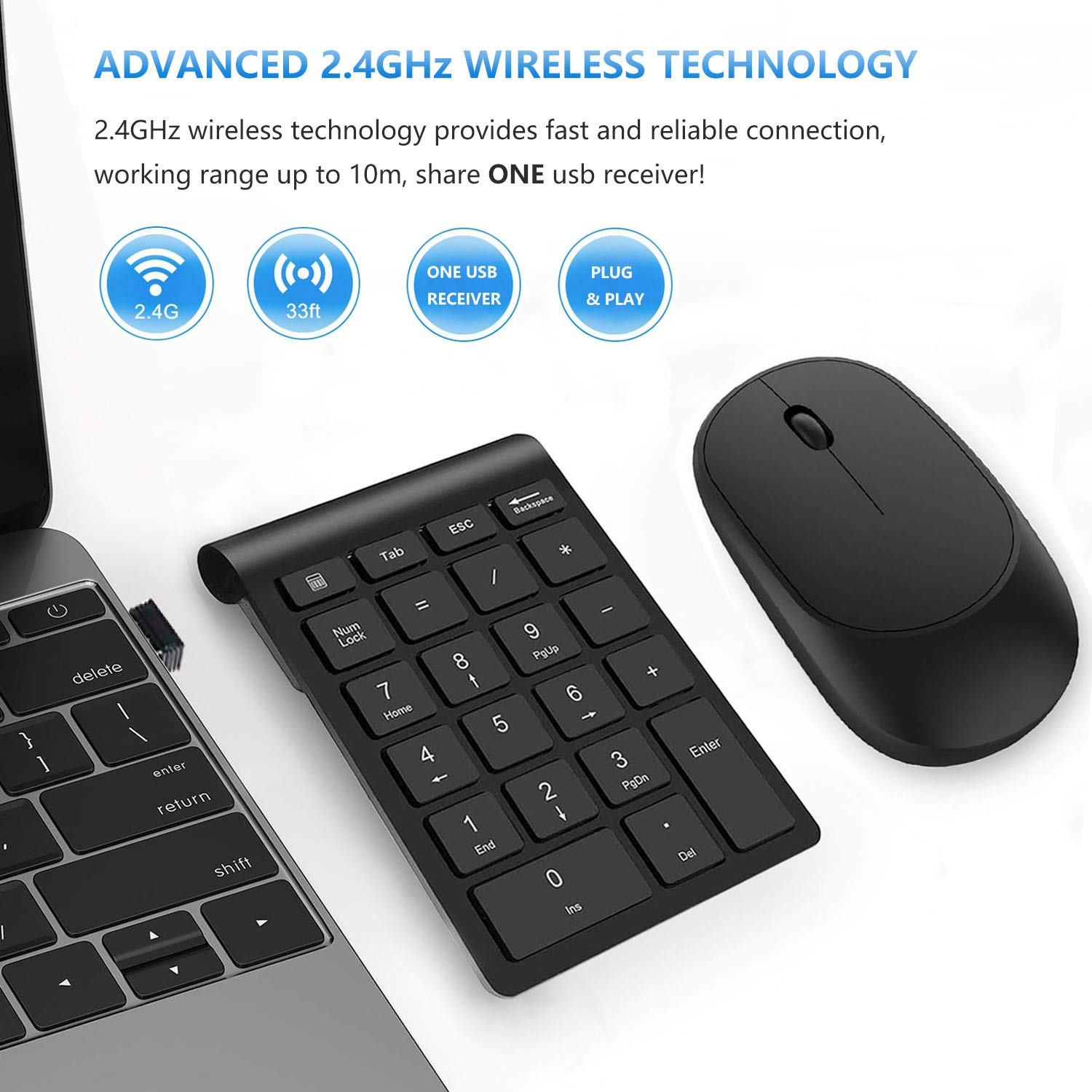 Wireless Number Pad and Mouse Combo, Acedada Portable Ultra Slim 2.4GHz USB Wireless Numeric Keypad and Mouse Set for Laptop, Notebook, Desktop, PC Computer - Black