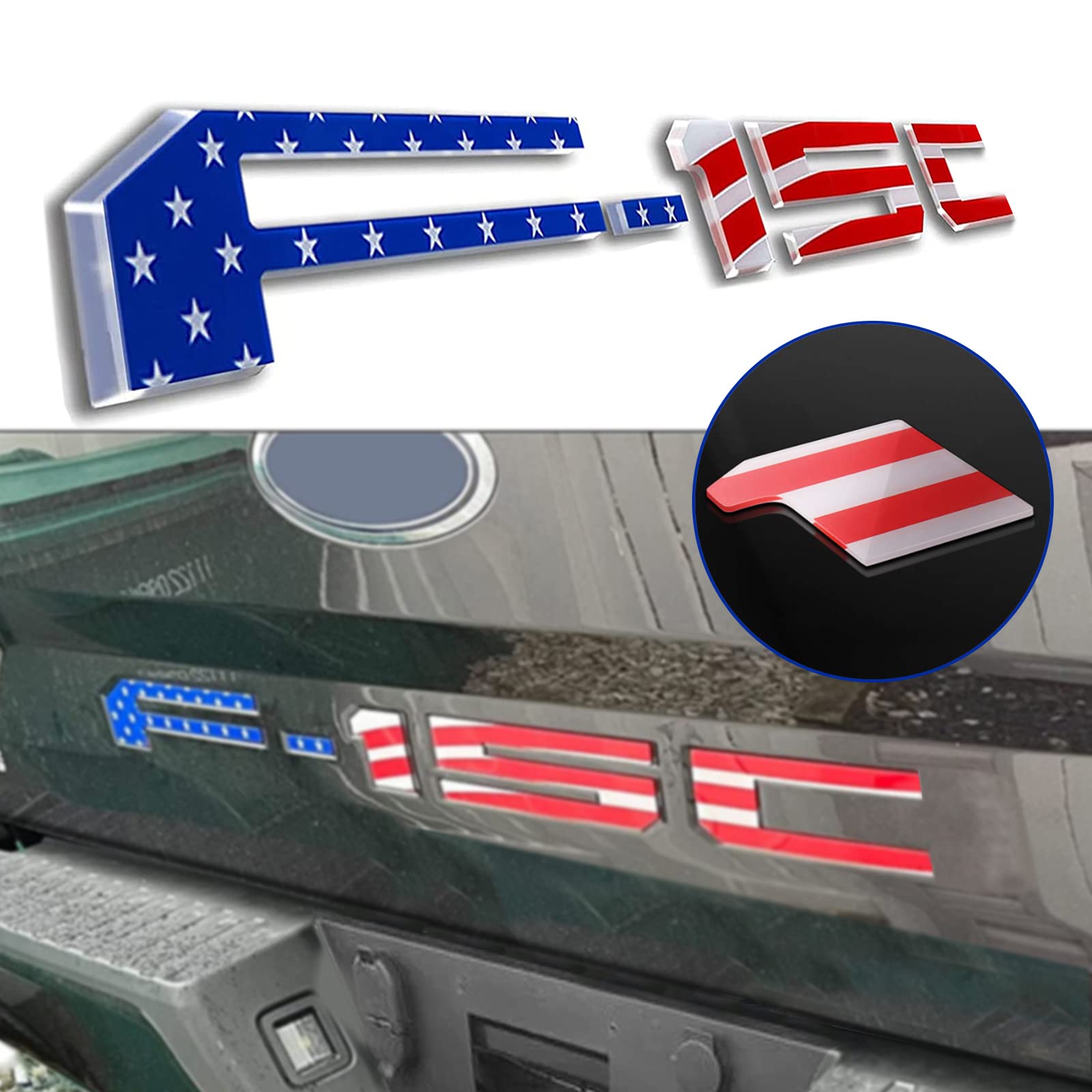 Tailgate Insert Letters Compatible for F15 2021-2023 3M Adhesive & 3D Raised Tailgate Decal Letters (American Flag)