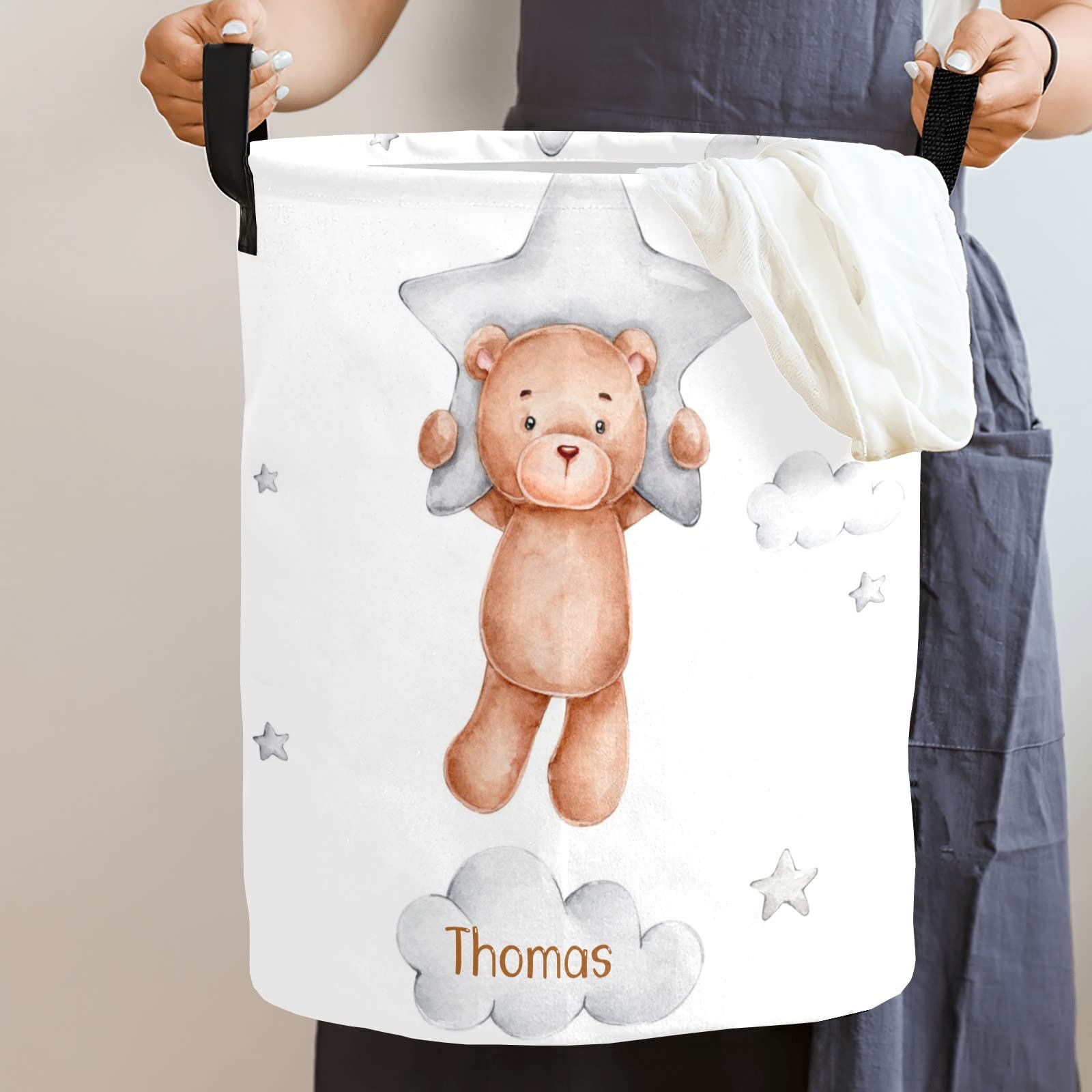 Teddy Bear Stars Personalized Laundry Hamper,Custom Name Collapsible Waterproof Laundry Basket Storage Bins with Handle for Clothes,Toy,Nursery