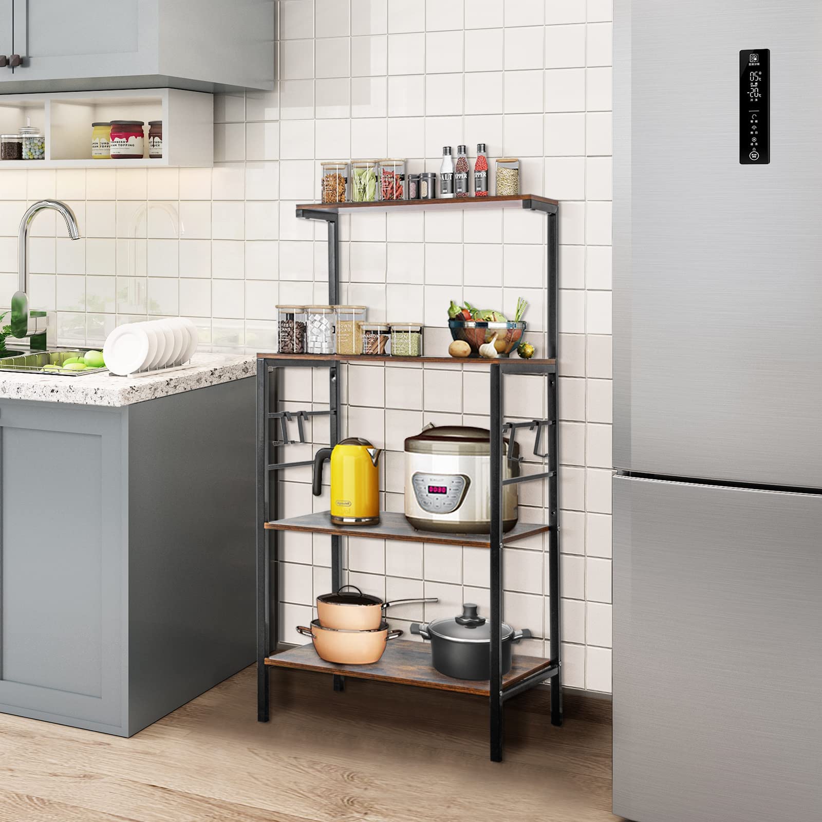 Sasoiky Bakers Rack,4-Tier Kitchen Storage Shelf Rack,Microwave Cart Coffee Bar Stand Rack with 4 Hooks,Bakers Racks for Kitchens with Storage(Light Brown)