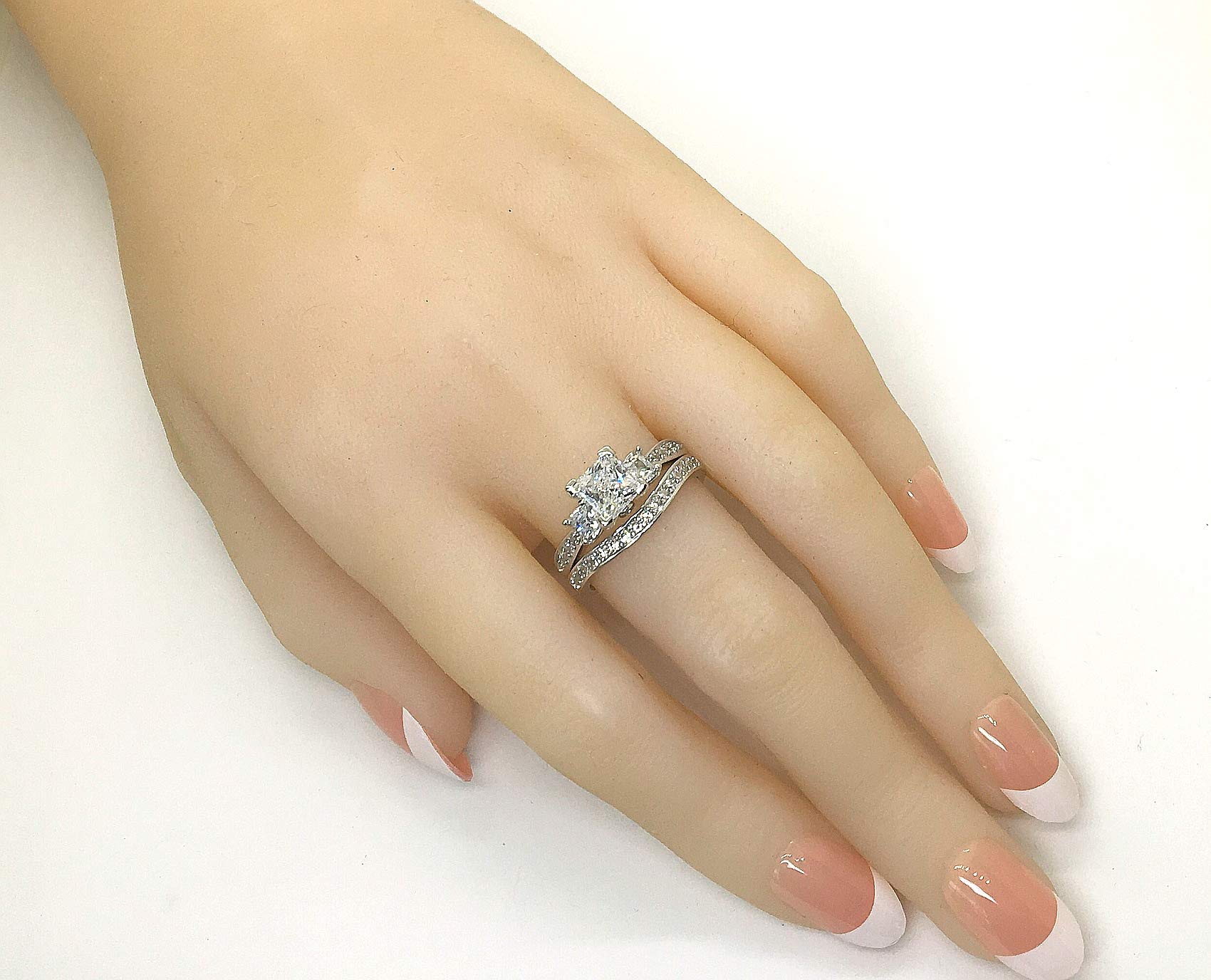 Venetia Top Grade Realistic Princess Cut Simulated Diamond 3-Stones Ring Curved Band 2 Pcs Set Platinum Plated 925 Silver Cubic Zirconia cz (7)