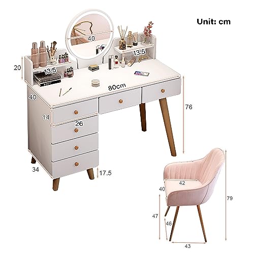 Vanity with Lights and Mirror Desk and Chair, 3 Light Settings & Adjustable Brightness, Modern Makeup Vanity Desk Set with 6 Drawers, Open Storage Shelves, Dressing Table for Bedroom ( Color : Gray ,