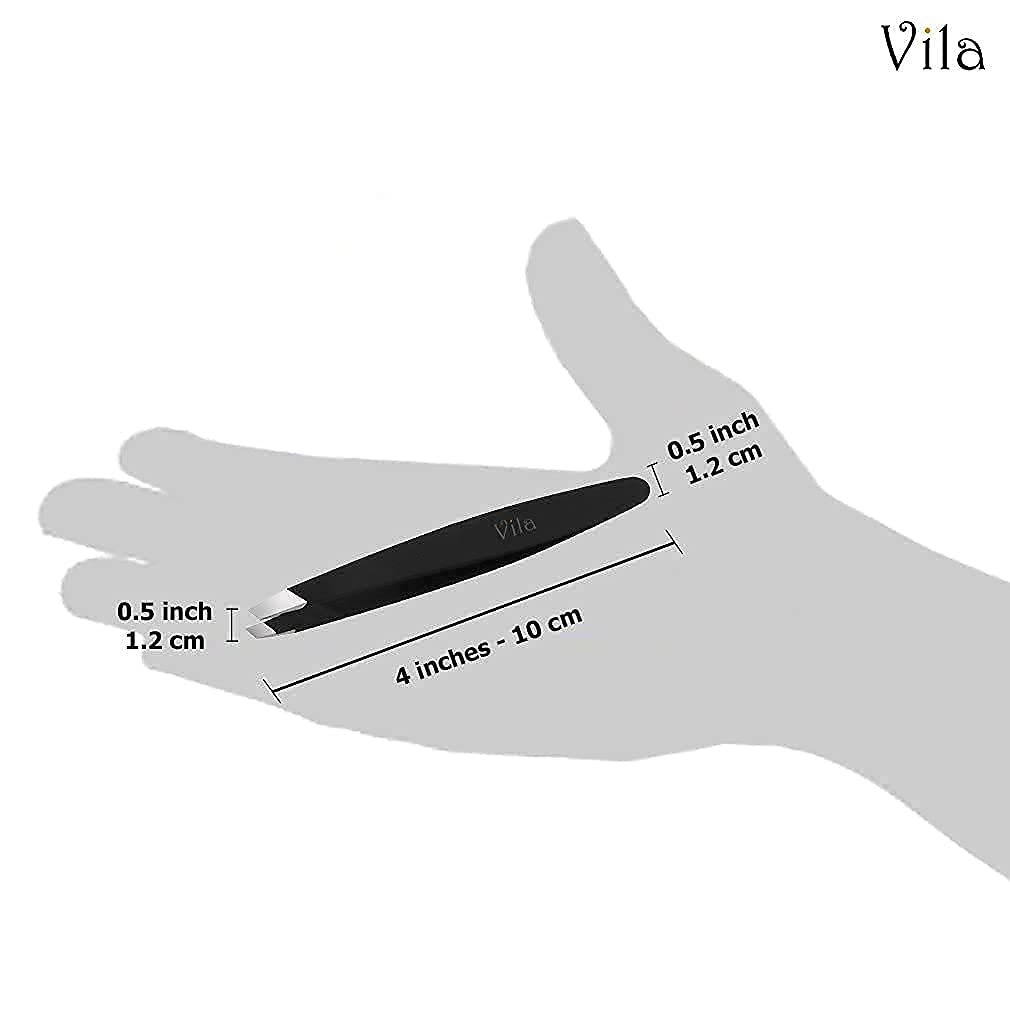 Vila Tweezers for Eyebrows, 4 Inches, Stainless Steel with 25-Degree Slanted Tip Plucker, Useful for Pulling Splinters, Ingrown Hair, or Picking up Tiny Objects