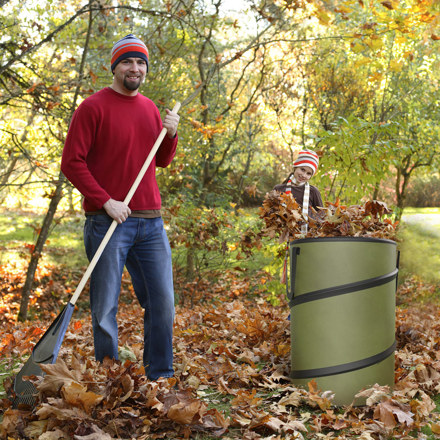 Sprinia 2-Pack 30 Gallon Collapsible Pop-Up Trash Can for Camping, RV - Waste Yard Bag for Gardening Lawn/Leaf - 30 Gallon Each Bag, Green