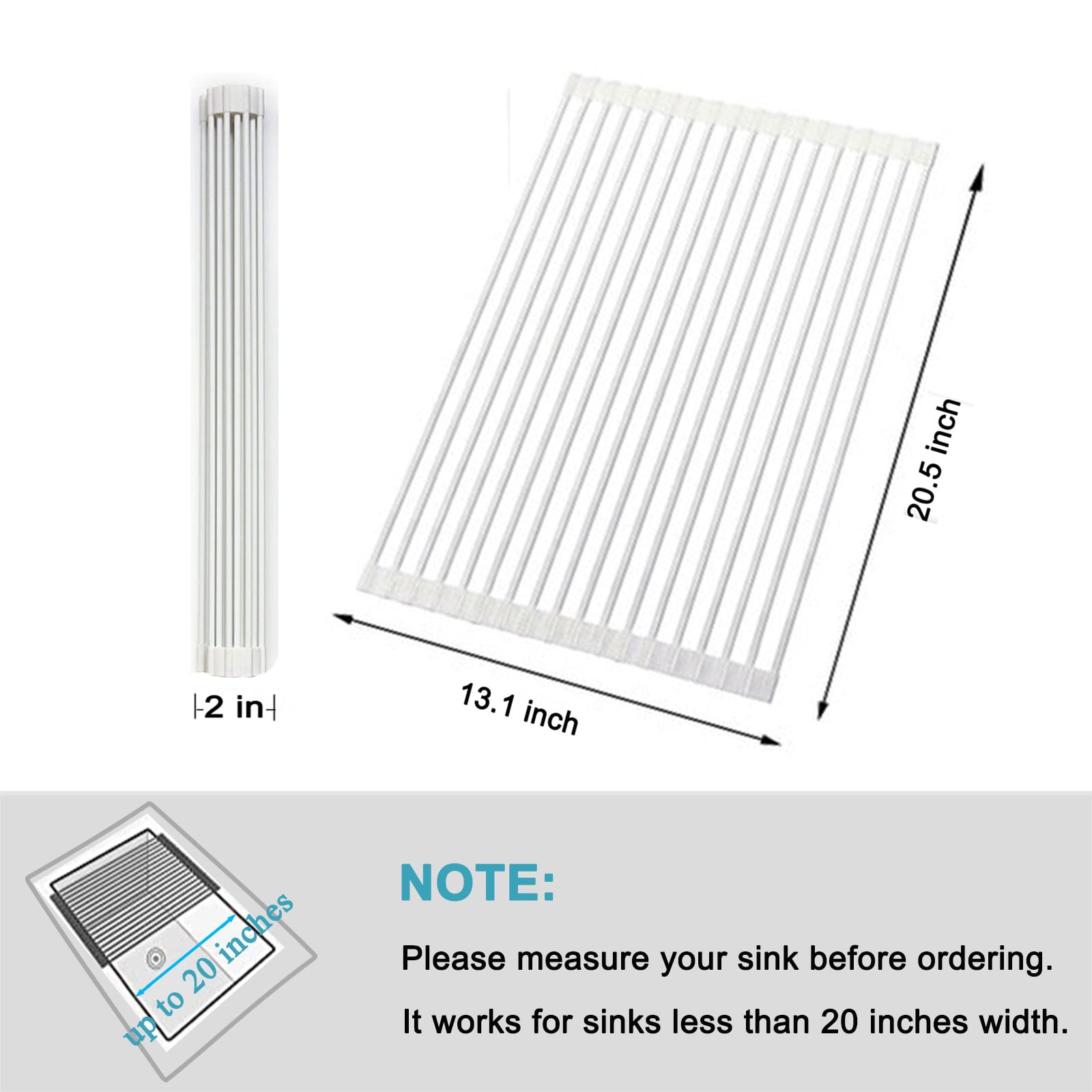 ZOIMINU White Roll Up Dish Rack, Over Sink Dish Drying Rack, Heat-Resistant Anti-Slip Stainless Steel Dish Drainer with Silicone-Coated for Cups Fruits Vegetables - 20.5" x 13.1"