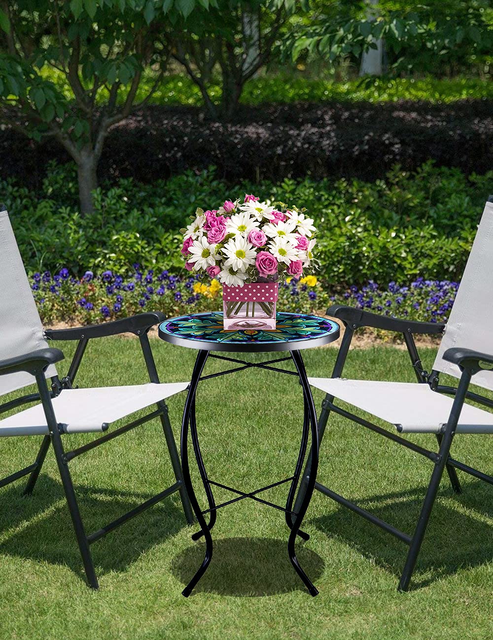 VCUTEKA Outdoor Side Table Mosaic End Table Patio Side Table Small End Table Glass Top Round Balcony Coffee Table Porch Indoor Glass Top