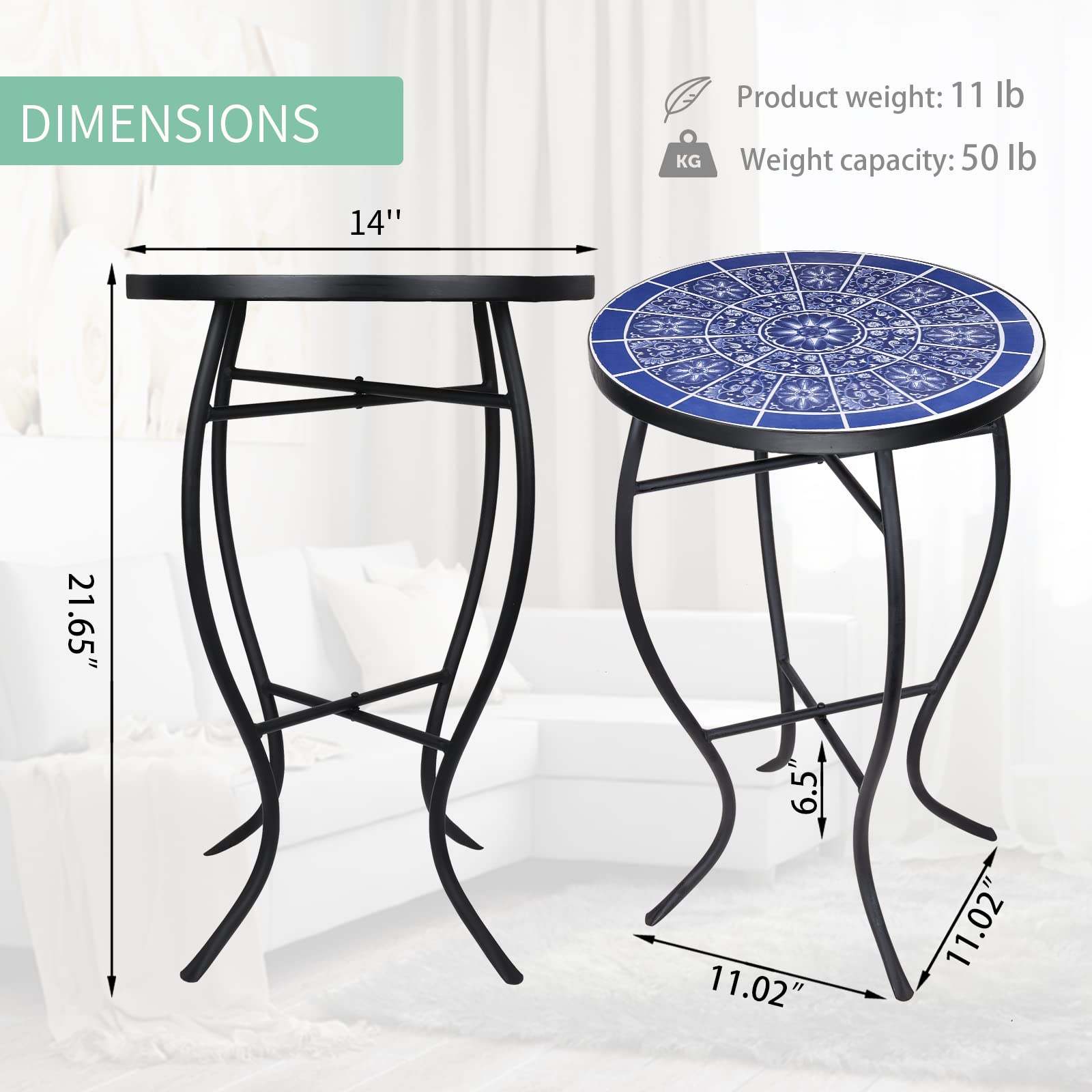 VCUTEKA Mosaic Outdoor Side Table - Small Patio Table Coffee Table Outside Accent Table Round End Plant Table for Bistro Balcony Porch Outdoor Benches 14'' Mosaic Table Green