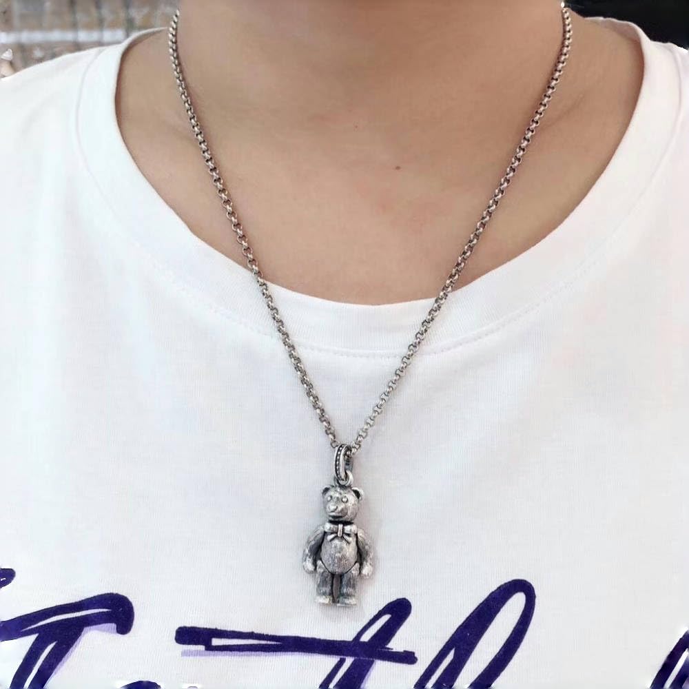 Vintage Black 925 Sterling Silver Articulated Teddy Bear Pendant for Men Women