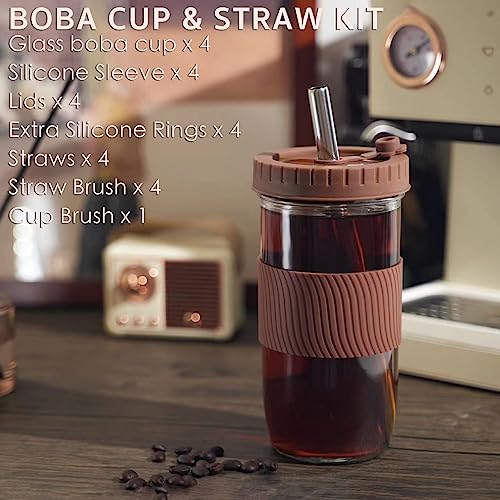 Zrlljp Reusable Boba Cup Bubble Tea Cup 4 Pack, 24Oz Wide Mouth Smoothie Cups with Lid,Silicone Sleeve & Angled Wide Straws, Leakproof Glass Mason Jars Drinking Boba Cup Travel Tumbler for Large Pearl