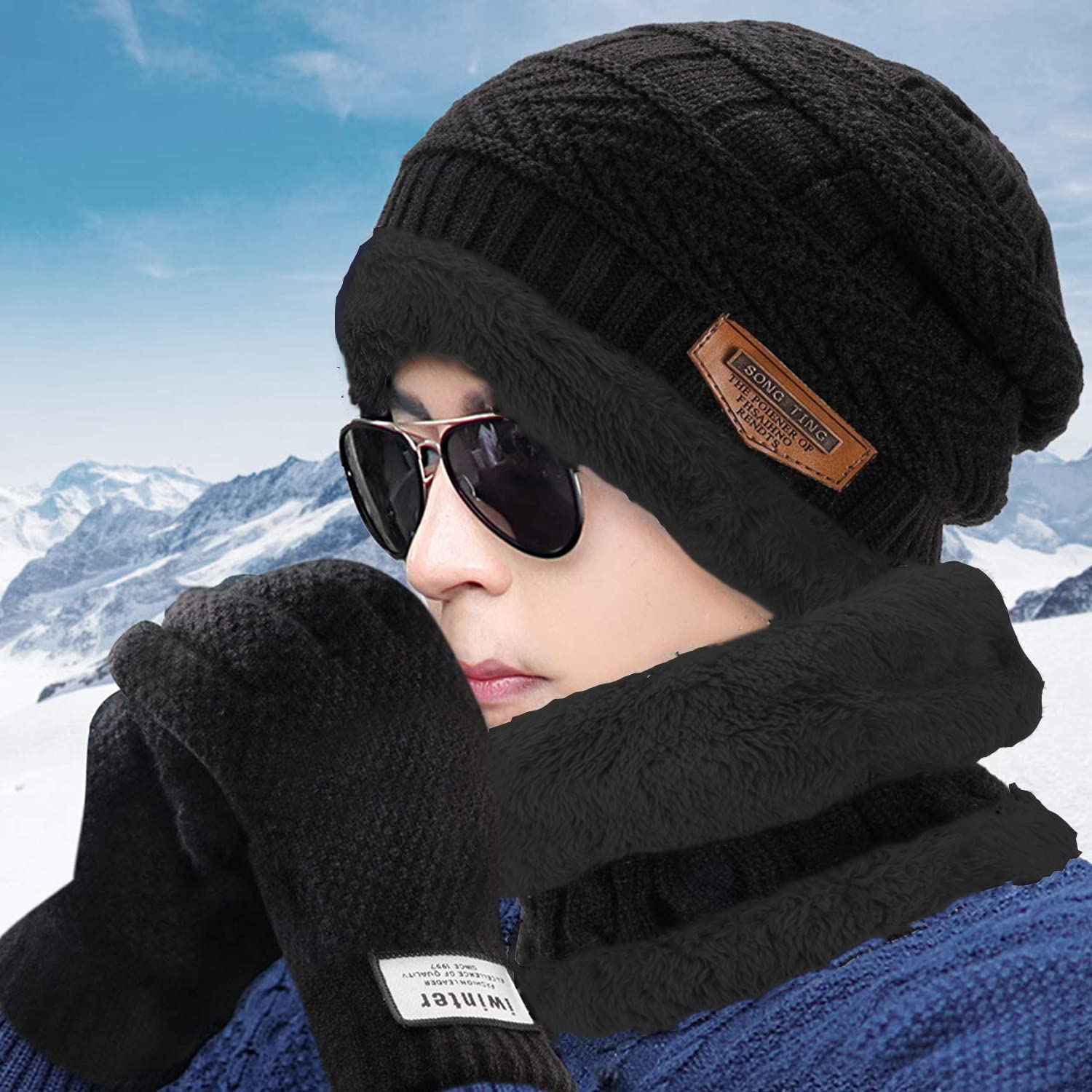 Winter Hat Scarf and Gloves Set, Winter Warm Knit Beanie Hat, Soft Comfortable Fleece Lined Winter Hat & Scarf for Men Women